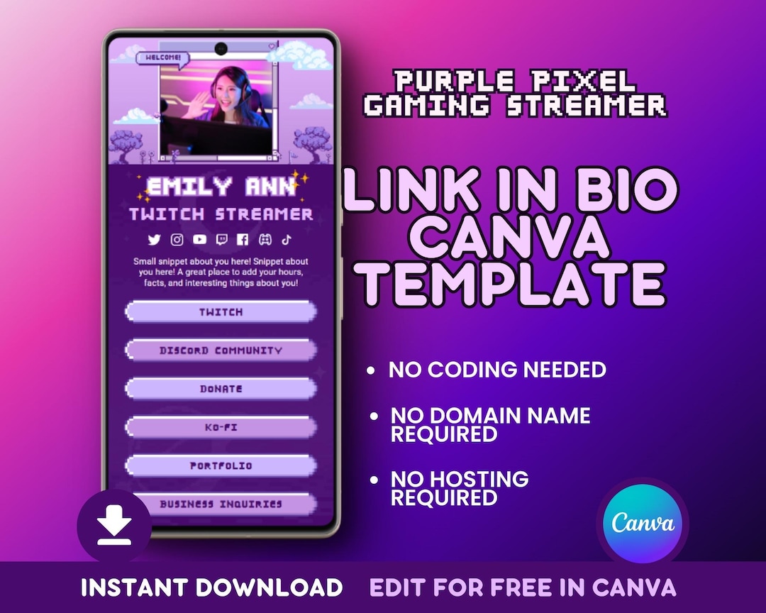 Link in Bio Template | Purple Pixel Gaming Canva Website Template for ...