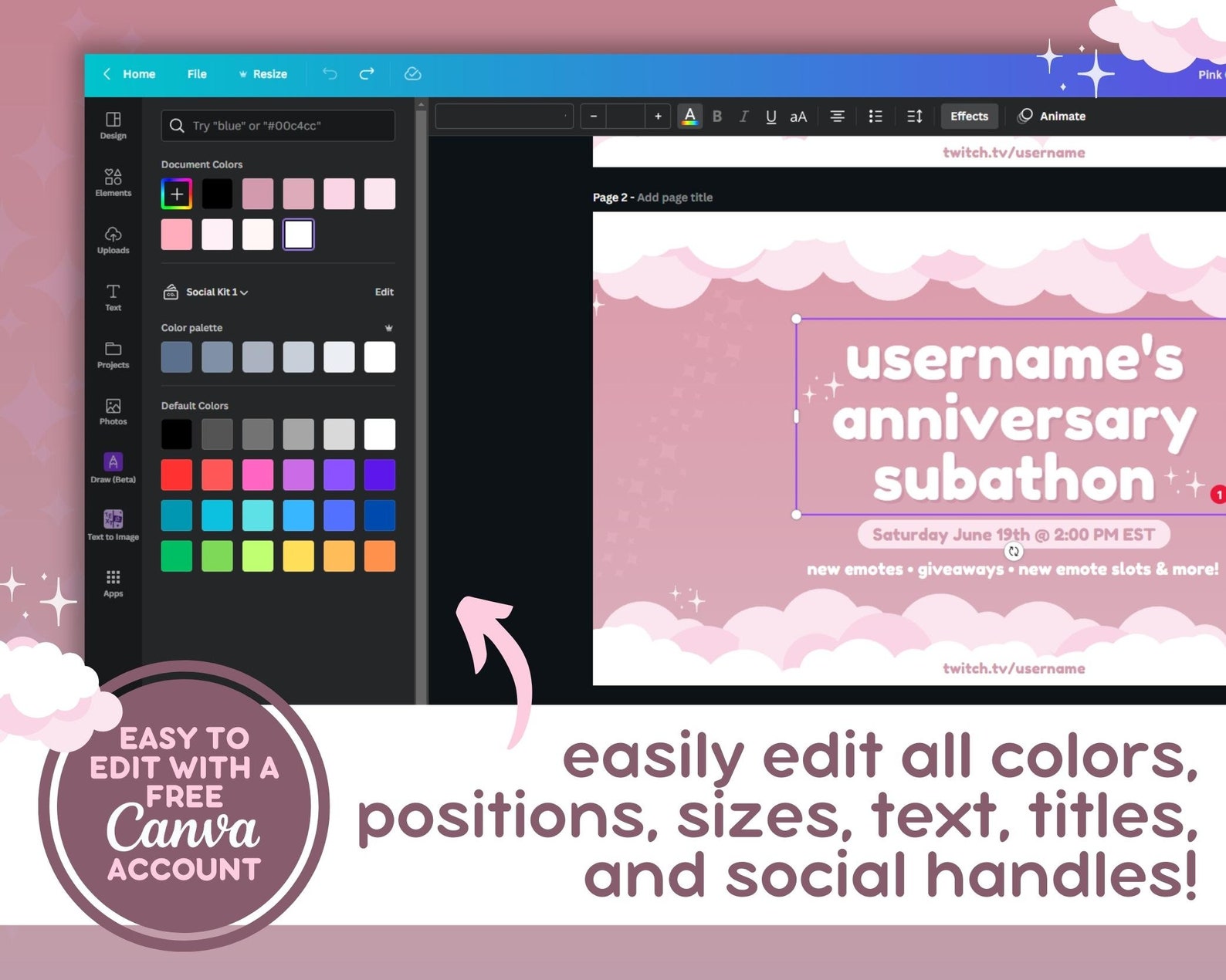 Pink Cloud Subathon Social Media Canva Template Bundle | Live Stream ...