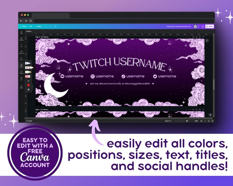 Twitch Banner Template - Dark Night Celestial Sky Editable Customizable ...
