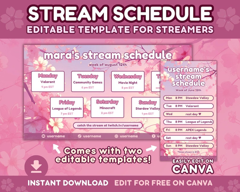 Stream Schedule Template - Cozy Sakura Editable Canva Template for ...