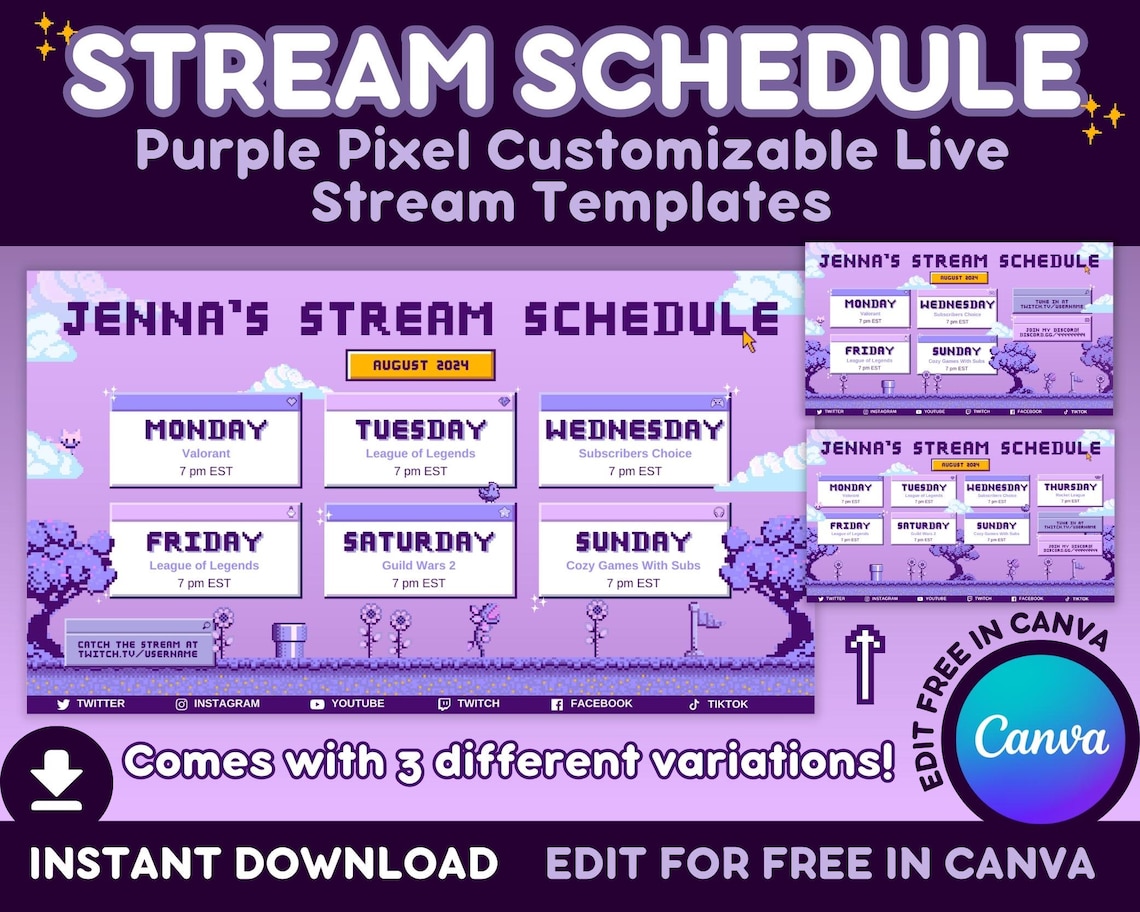 Purple Pixel Stream Schedule Template - 8 Bit Retro - Editable Weekly ...