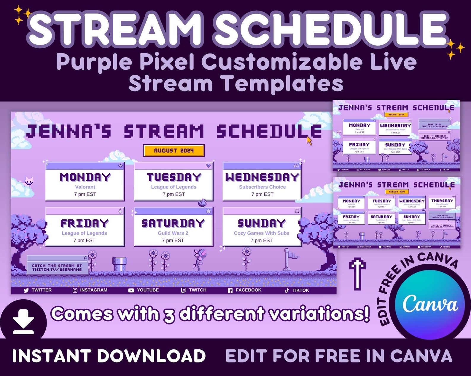 Purple Pixel Stream Schedule Template - 8 Bit Retro - Editable Weekly ...