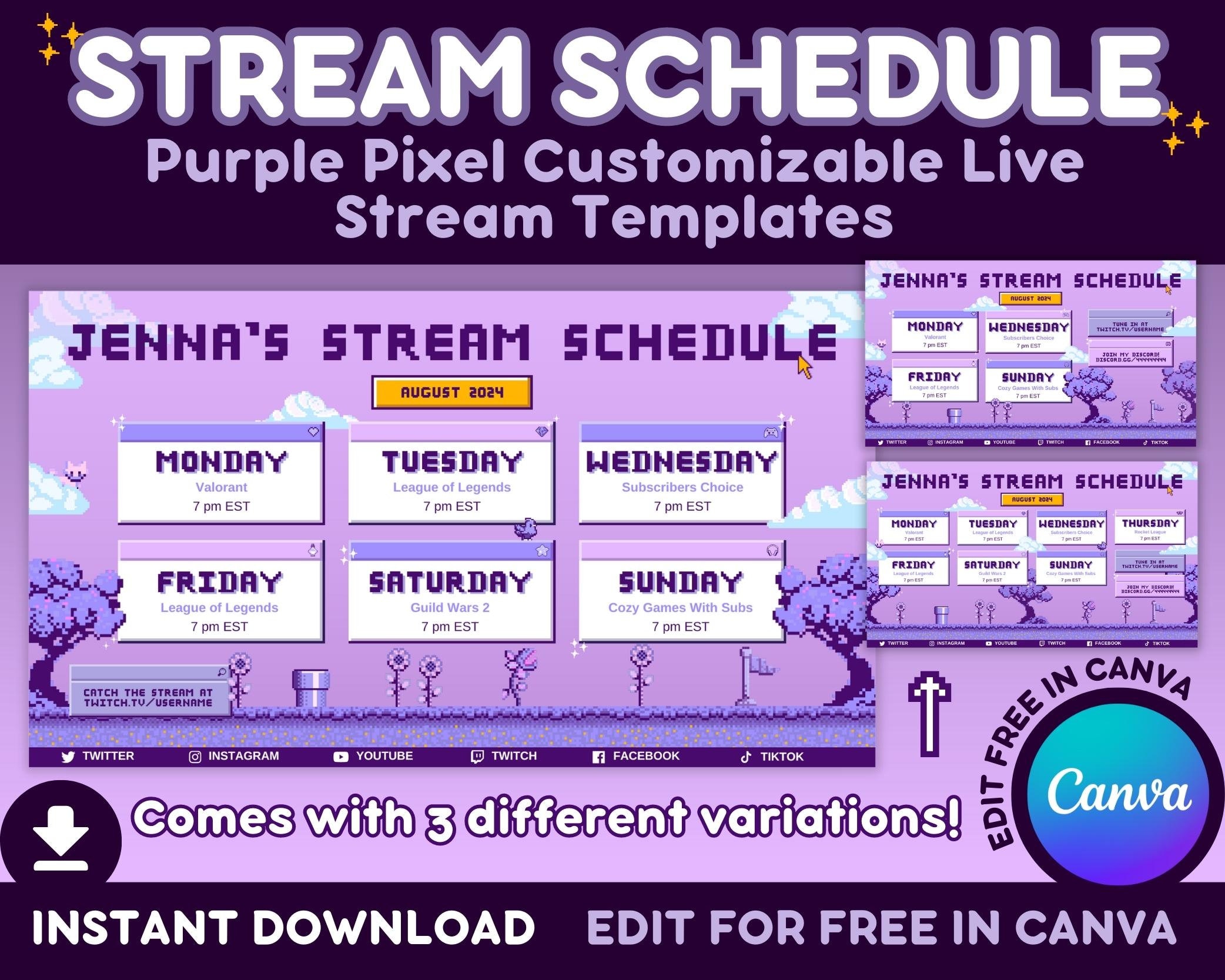 Purple Pixel Stream Schedule Template 8 Bit Retro Editable - Etsy
