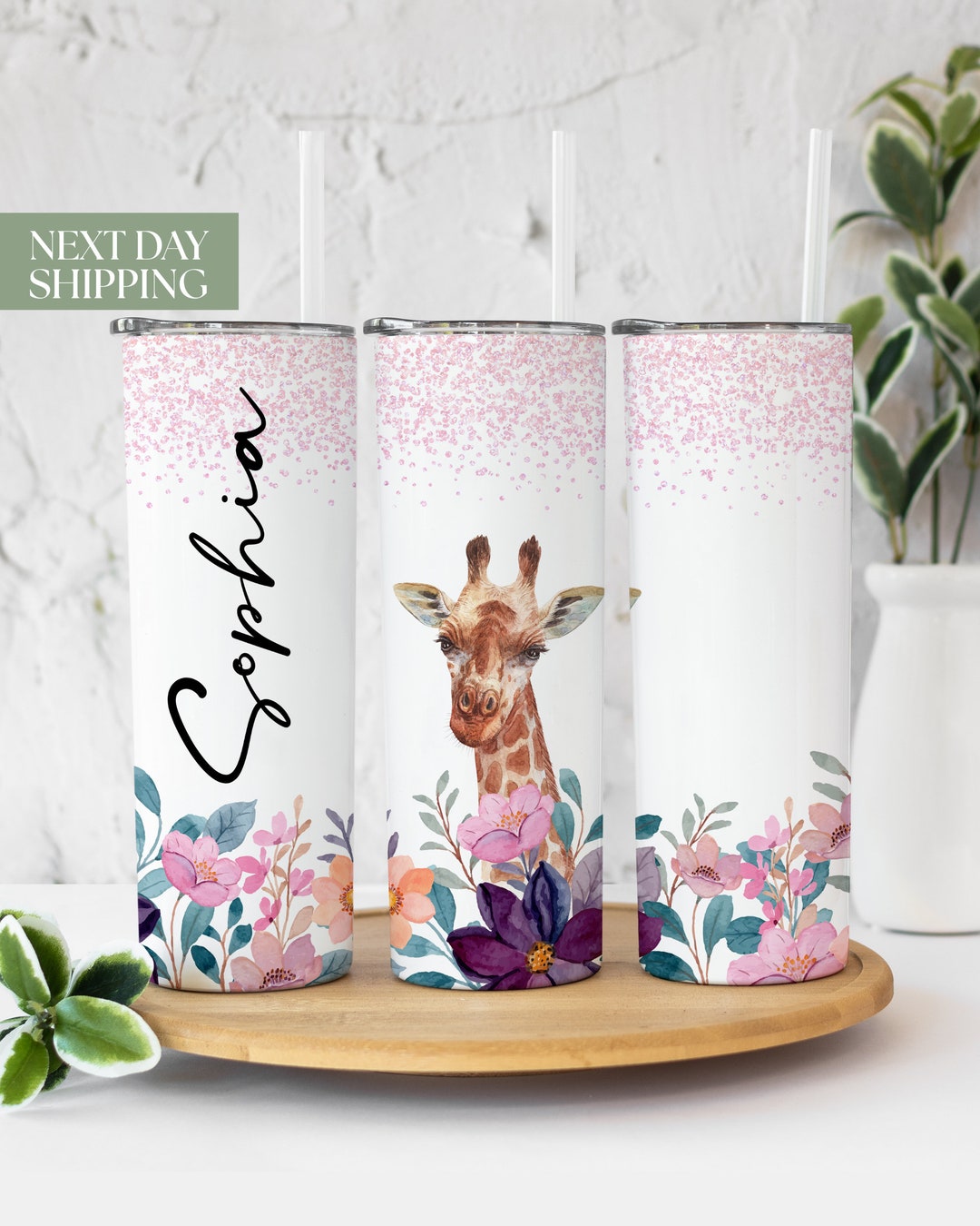 Floral Giraffe Tumbler With Straw - Glitter Giraffe Tumbler Cup Gift ...