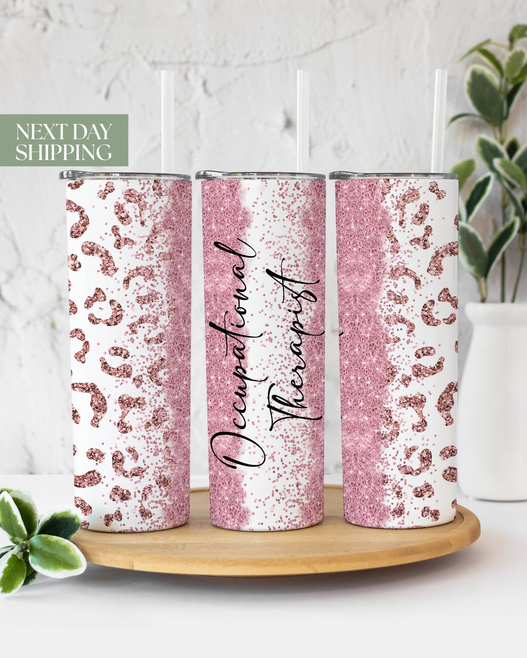 Occupational Therapist Pink Glitter Leopard 20oz Skinny Tumbler Gift ...