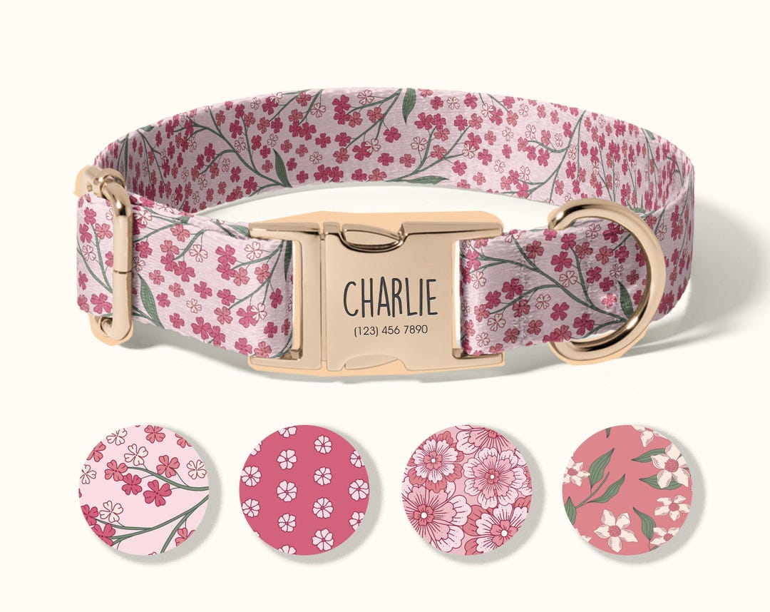Personalized Dog Collar With Name, Custom Engraved Dog Collar, Floral ...