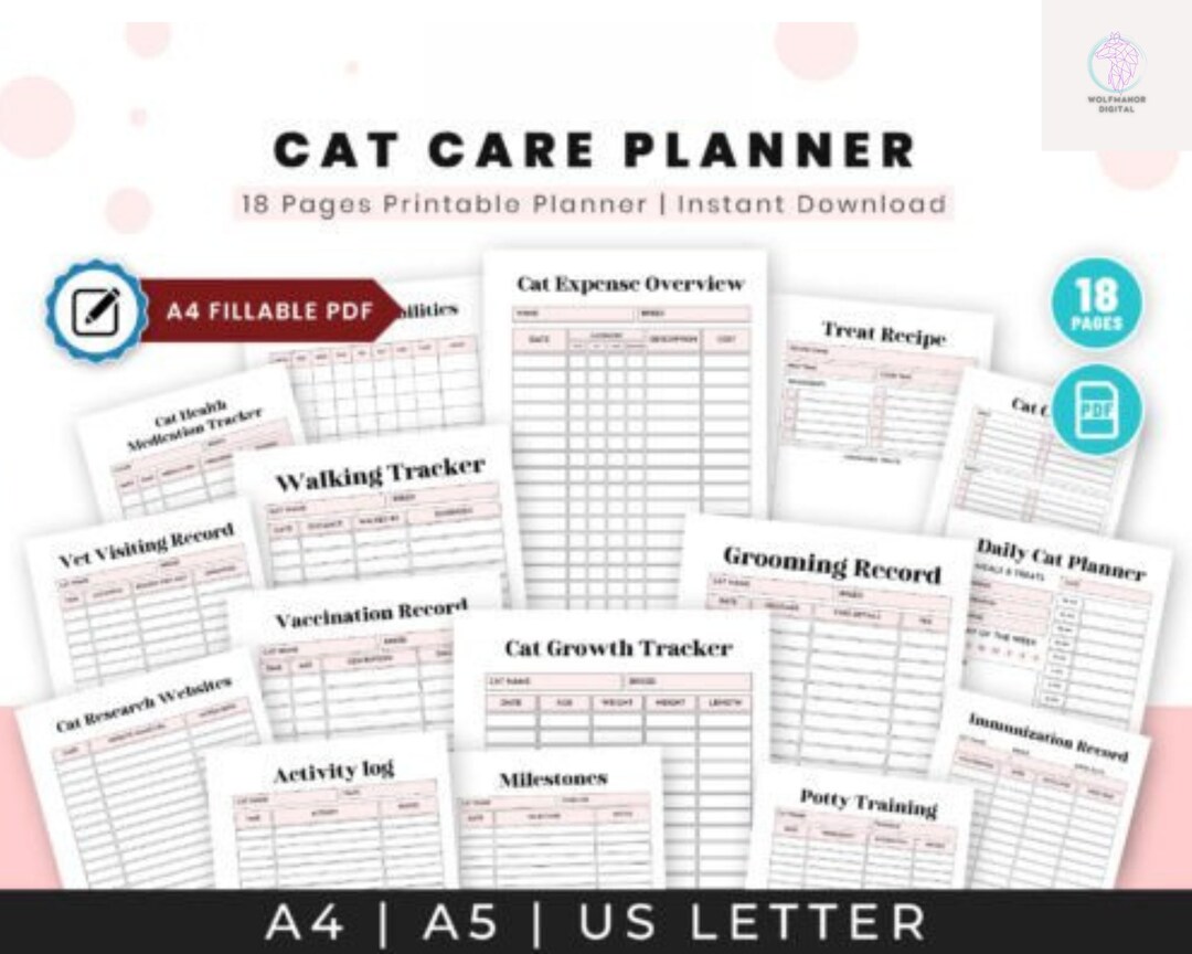 Cat Care Planner - Pet Care Printable, PDF, Cat Records, Cat Lover, Cat ...