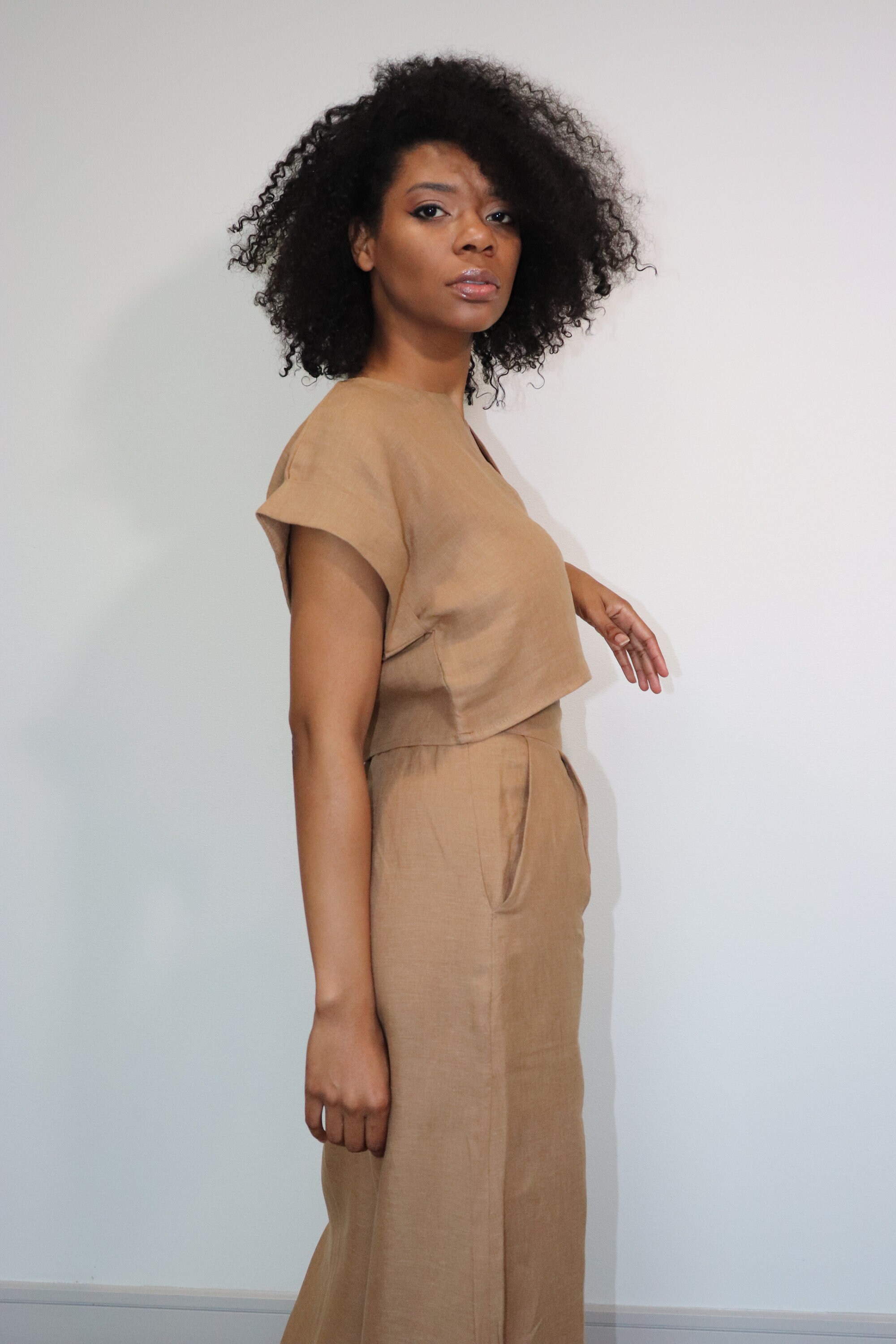 Slit Neck Crop Top Wide Leg Pant Linen Set in Khaki Brown - Etsy