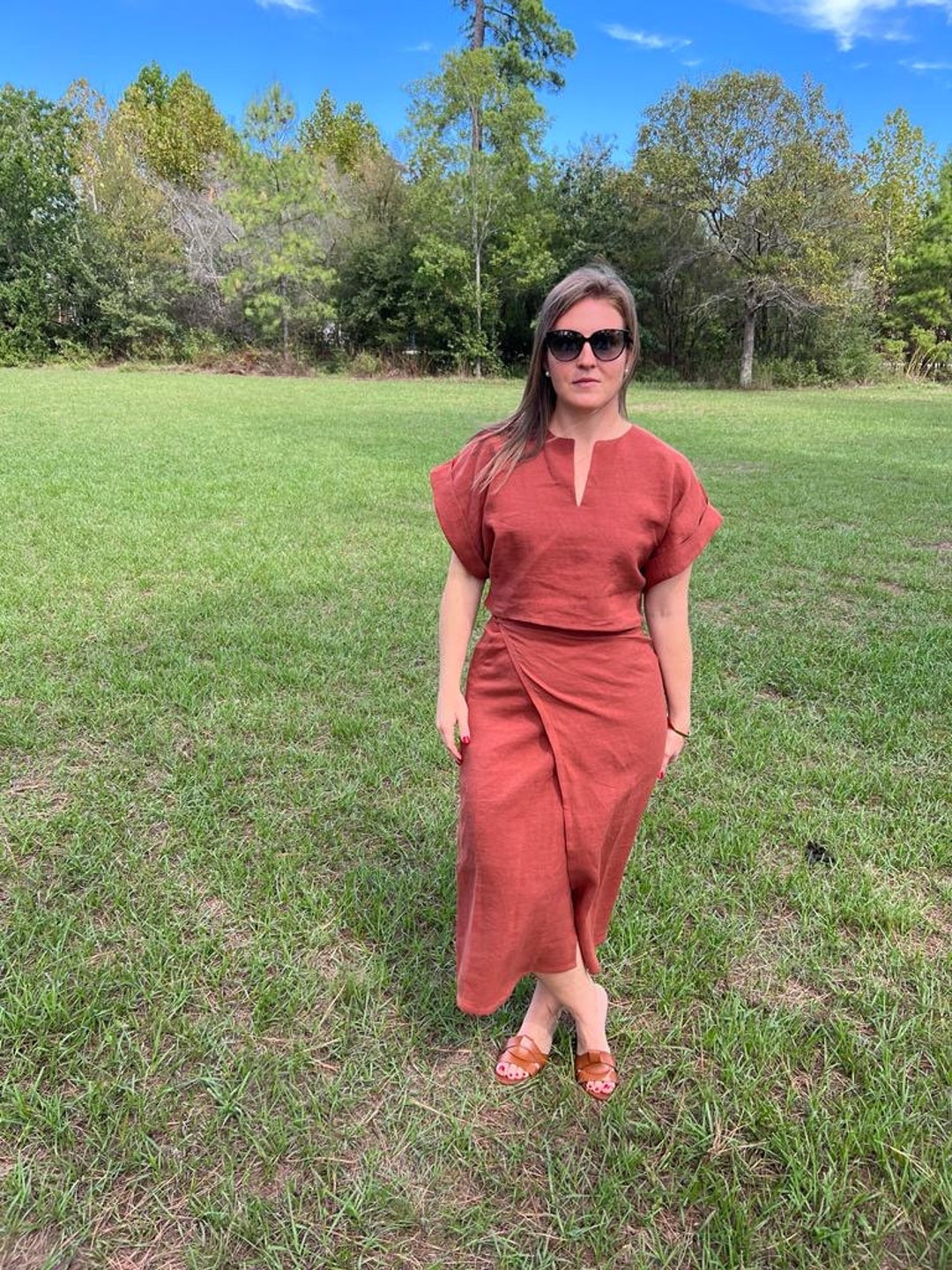 Slit-neck Linen Crop Top Amaya Set With A-line Wrap Skirt Summer ...