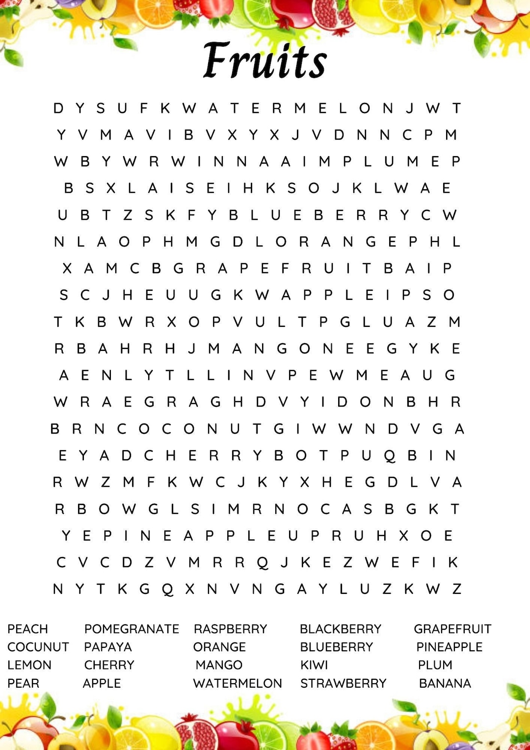 Fun and Challenging Fruits Word Search - Etsy
