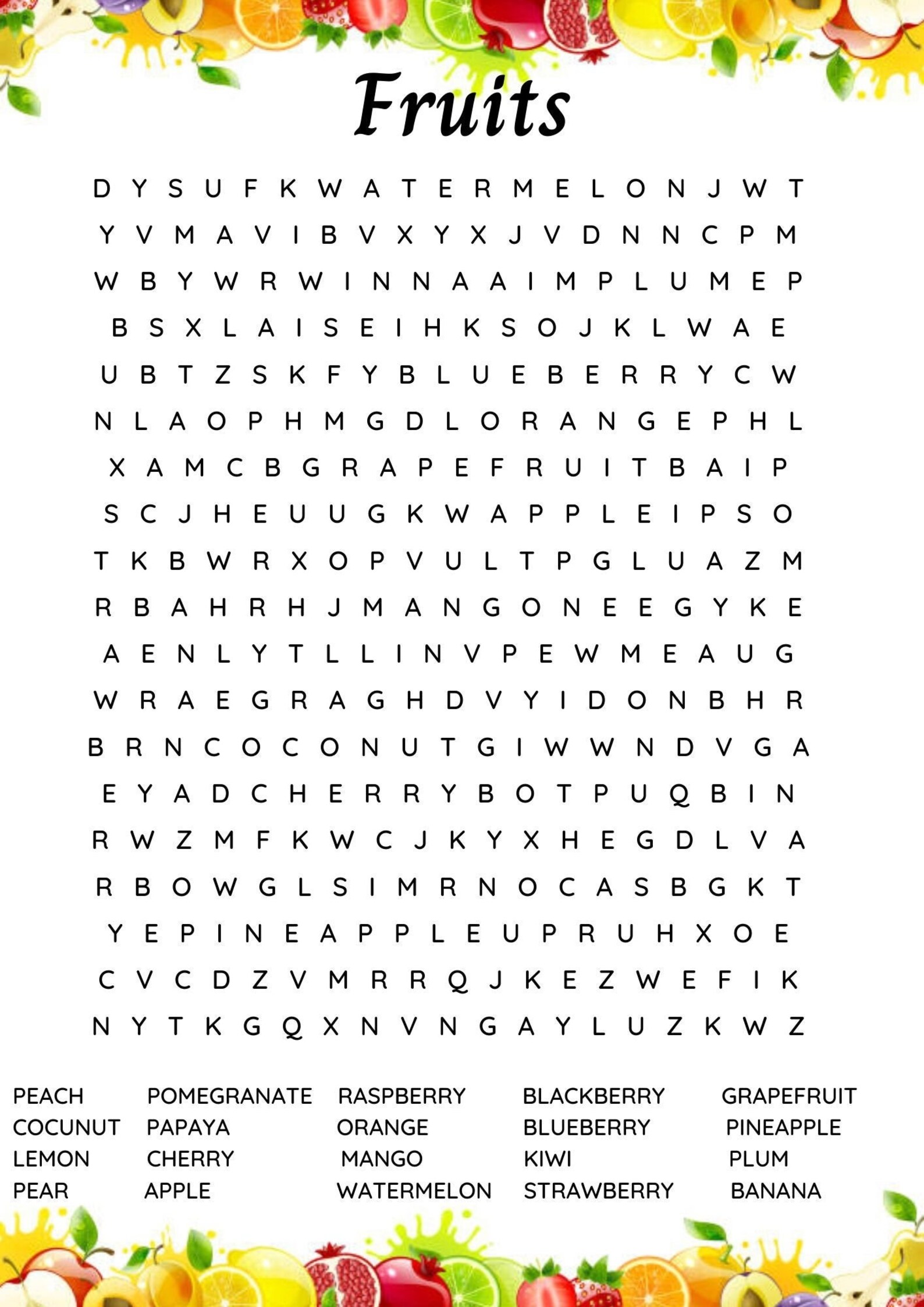 Fun and Challenging Fruits Word Search - Etsy