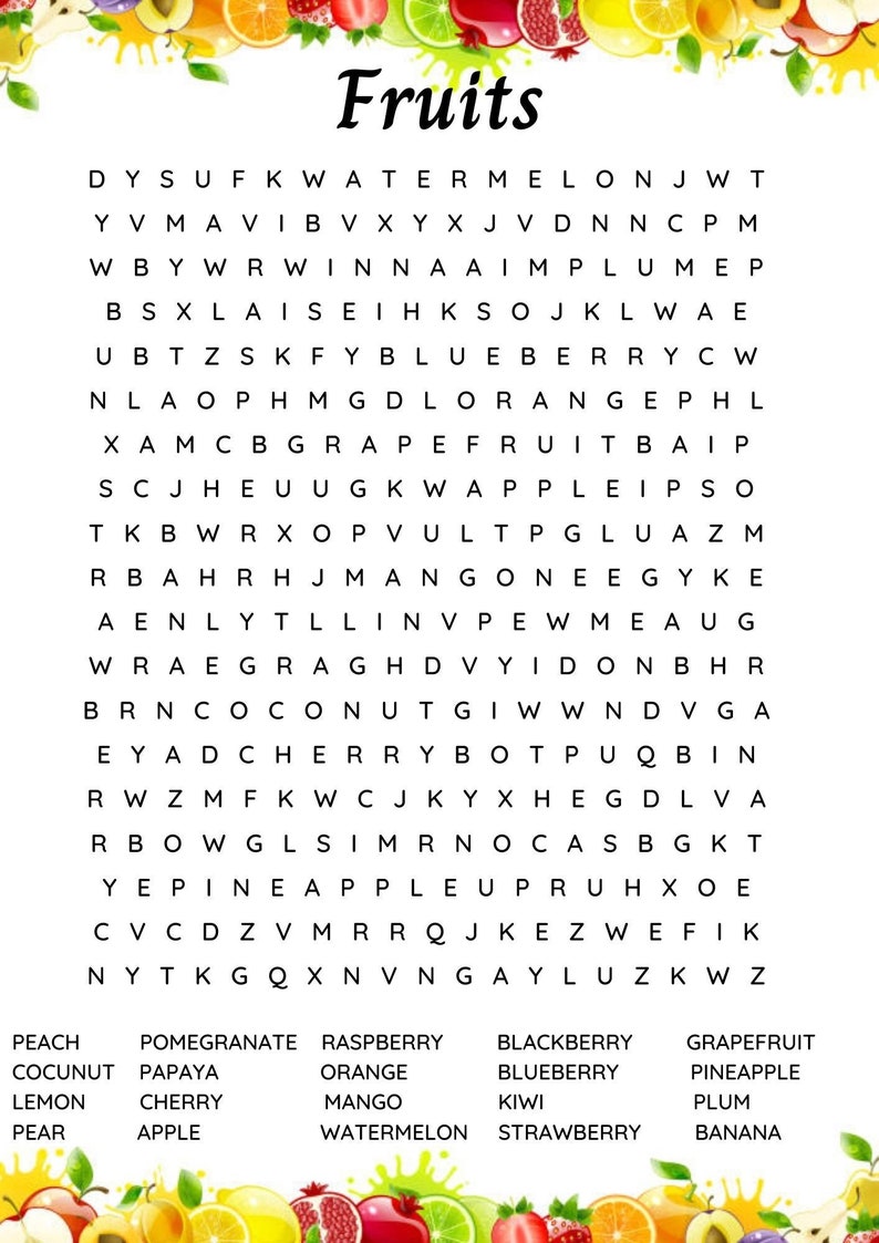 Fun and Challenging Fruits Word Search - Etsy