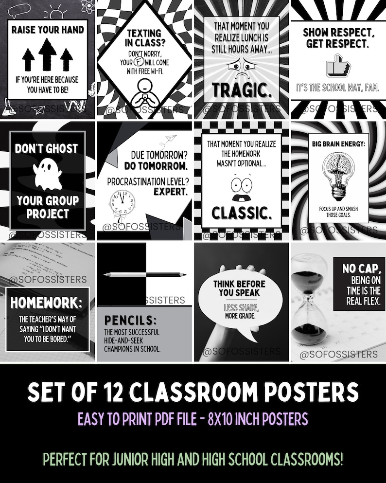 Black & White Classroom Poster Set - Etsy