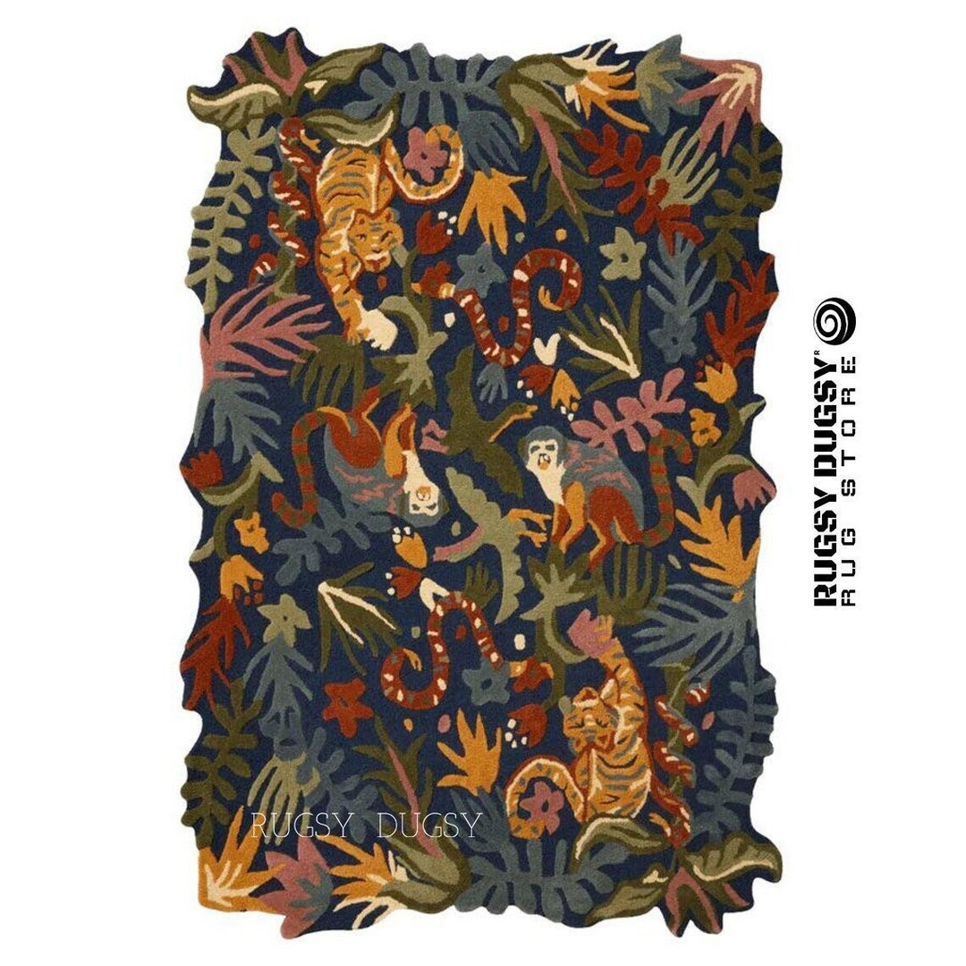 Justina Abstract Rug With Jungle Animals Handmade 100% Wool Tufted Area ...