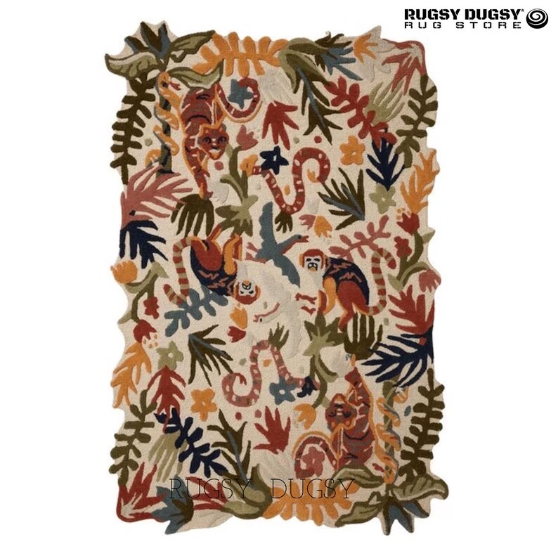 Justina Abstract Rug With Jungle Animals Handmade 100% Wool - Etsy