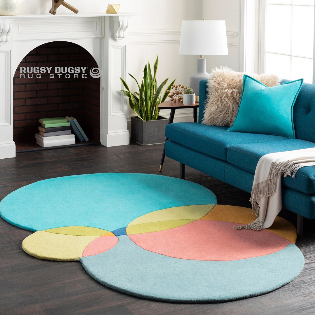 Aesthetic Bubble Rugs Unique Round Rugs Blue/brown/beige 100% Wool Hand ...