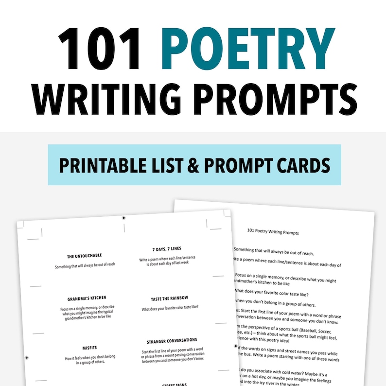 101 Poetry Writing Prompts Printable Cards + List - Etsy