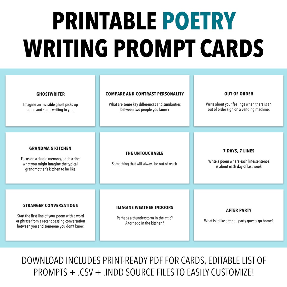 101 Poetry Writing Prompts Printable Cards + List - Etsy