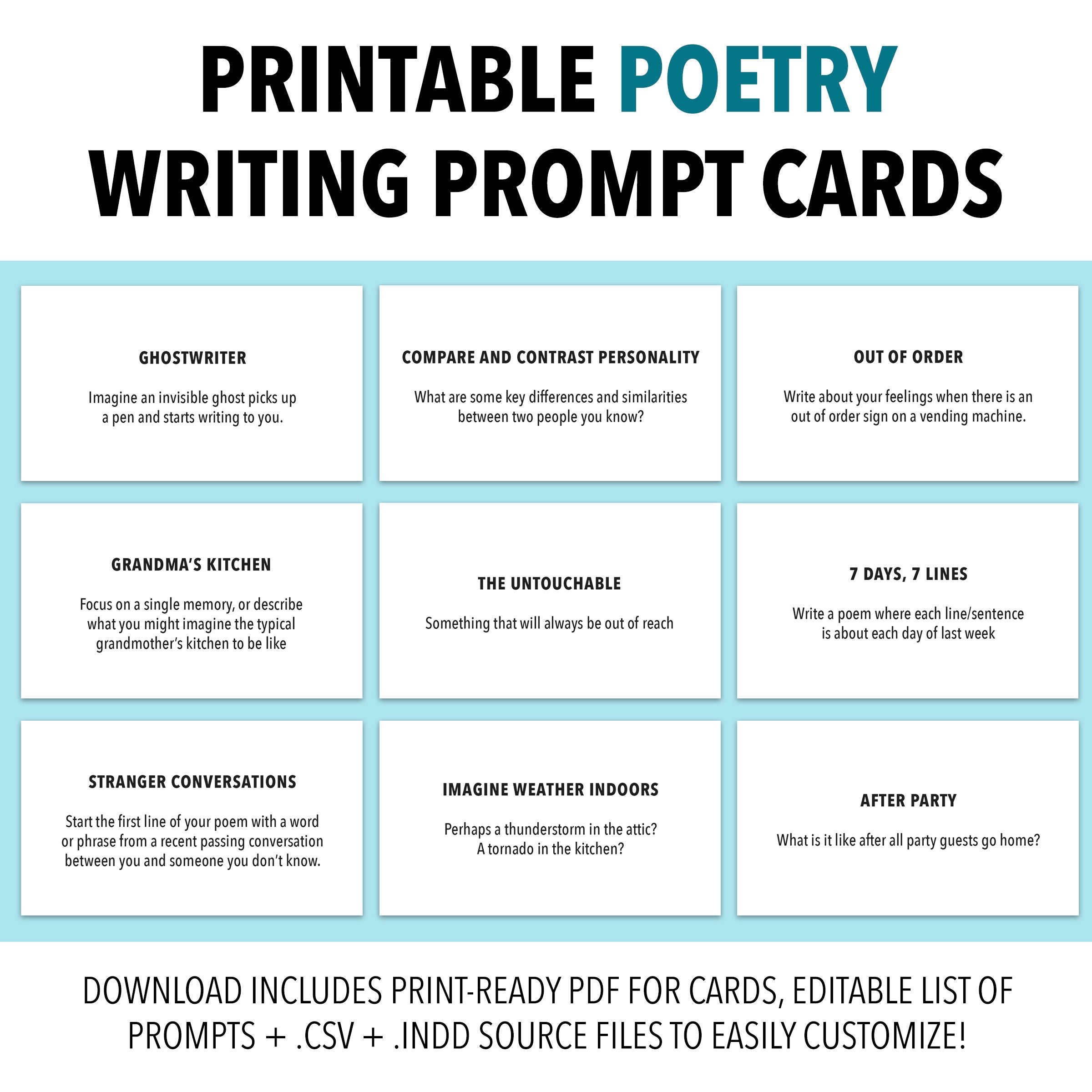 101 Poetry Writing Prompts Printable Cards List - Etsy