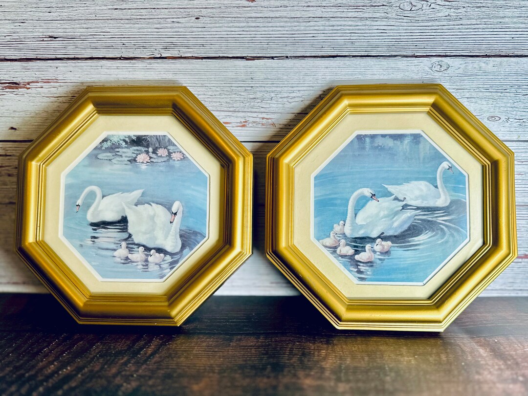 Swan Gold Framed Octagon Wall Art Set of 2 Grandmillennial Decor Granny ...