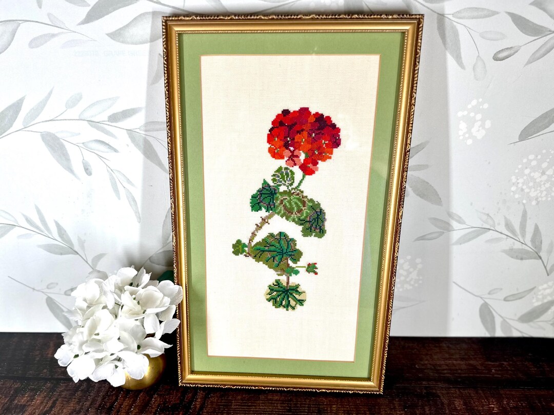 Vintage Framed Geranium Cross-stitch Botanical Needlework Floral Wall ...