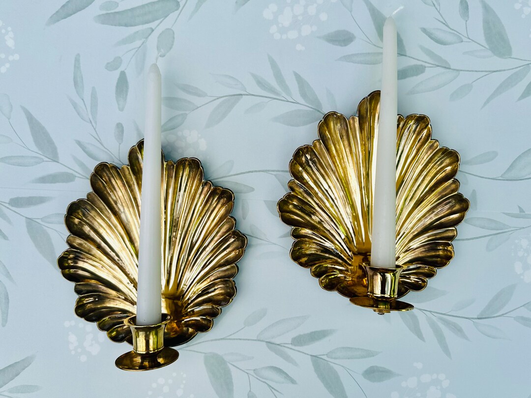 Set of 2 Brass Shell Scallop Candle Wall Sconces Candlestick Holders ...