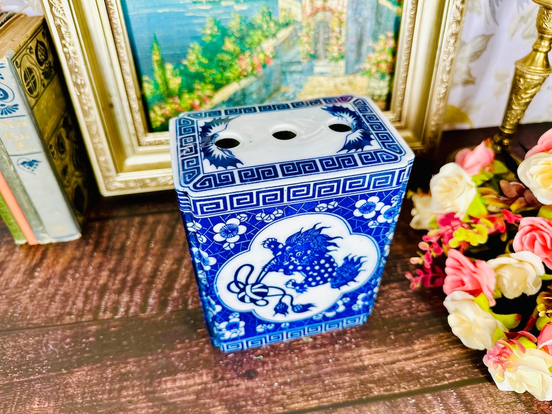 Vintage Chinese Blue & White Porcelain Foo Dog Opium Pillow – Signed ...
