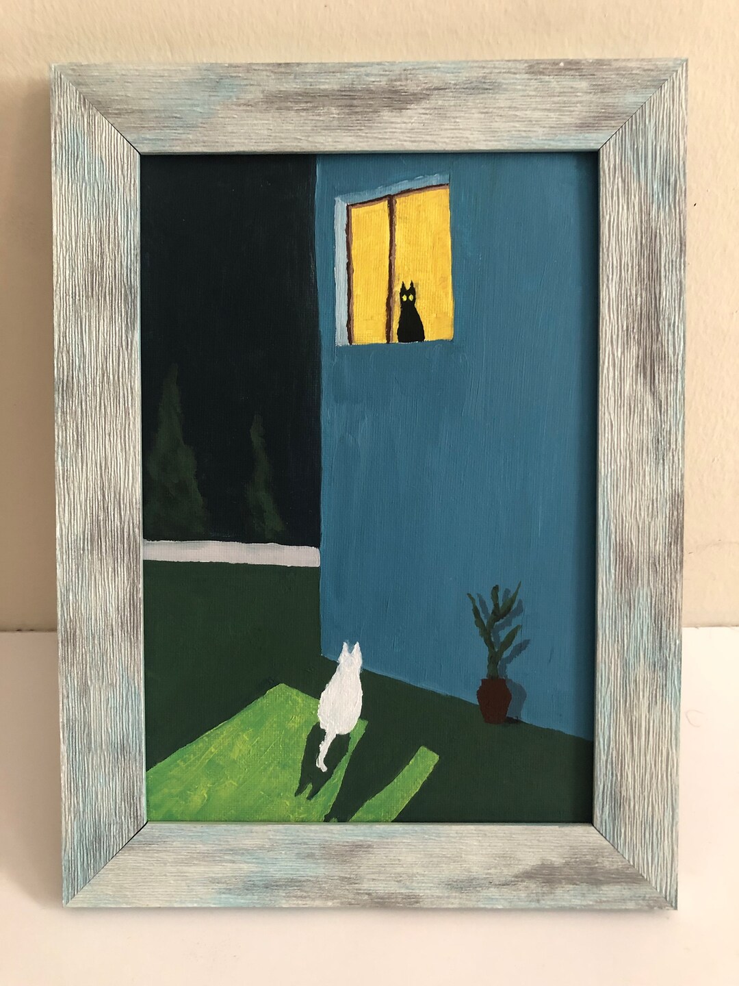 Original Love Cat Painting Cat in Love Night Painting White Cat ...