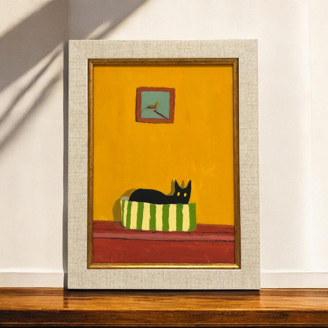 Black Cat Small Painting, Unique Paintings Loaf Cat Wall Art Framed ...