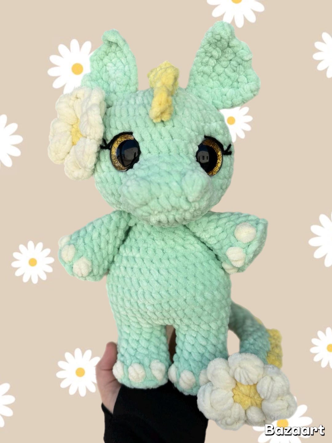 Crochet Dragon Plushie – Handmade Amigurumi With Daisy Accents - Etsy