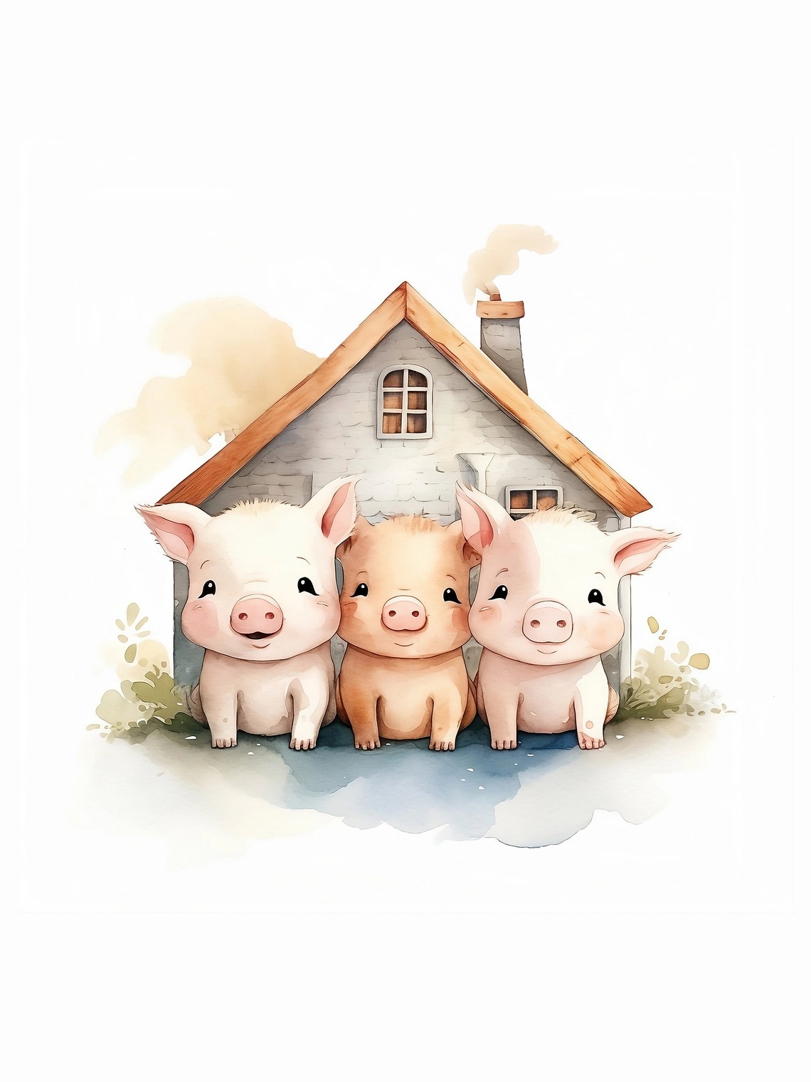 Three Little Pigs Digital Download Painting, Muted Soft Watercolor ...
