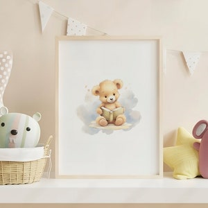 Teddy Bear Reading a Book Print,soft Nursery Wall Decor,children Room ...