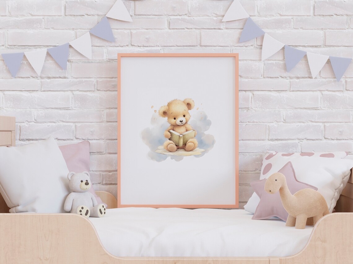 Teddy Bear Reading a Book Print,soft Nursery Wall Decor,children Room ...