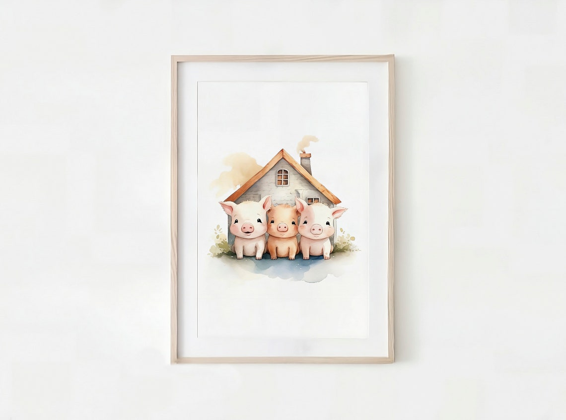 Three Little Pigs Digital Download Painting, Muted Soft Watercolor ...
