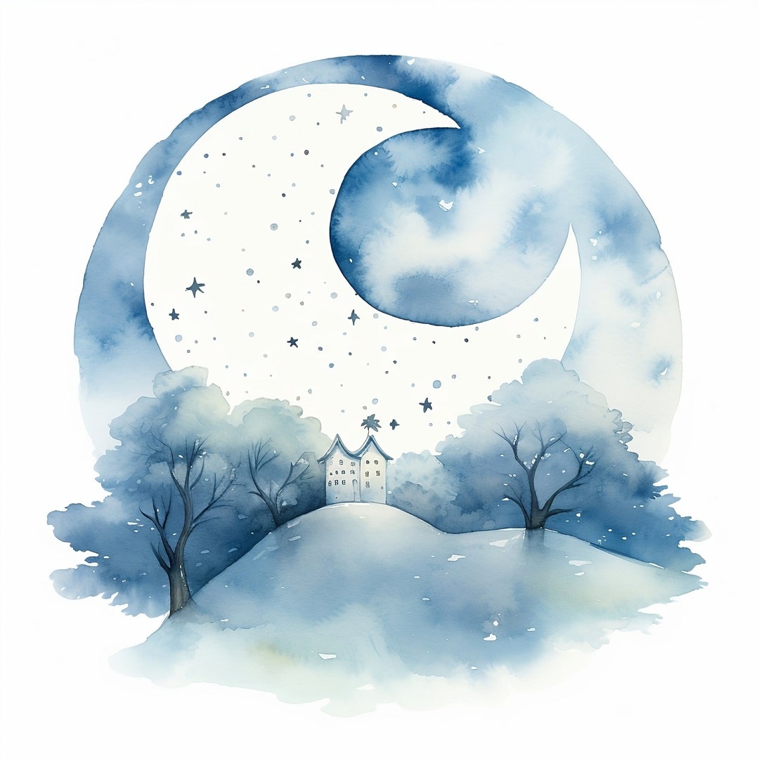 Blue Moon Watercolor Painting,good Night Art,nursery Art,wall Decor ...
