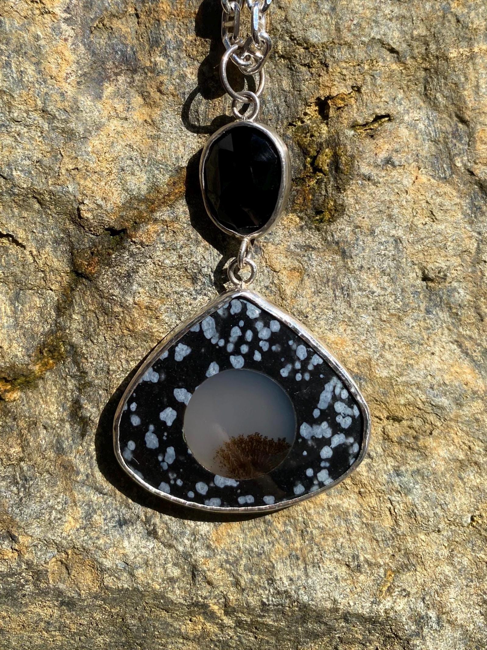 Snow Day: Snowflake Obsidian and Dendritic Agate Pendant Set in ...