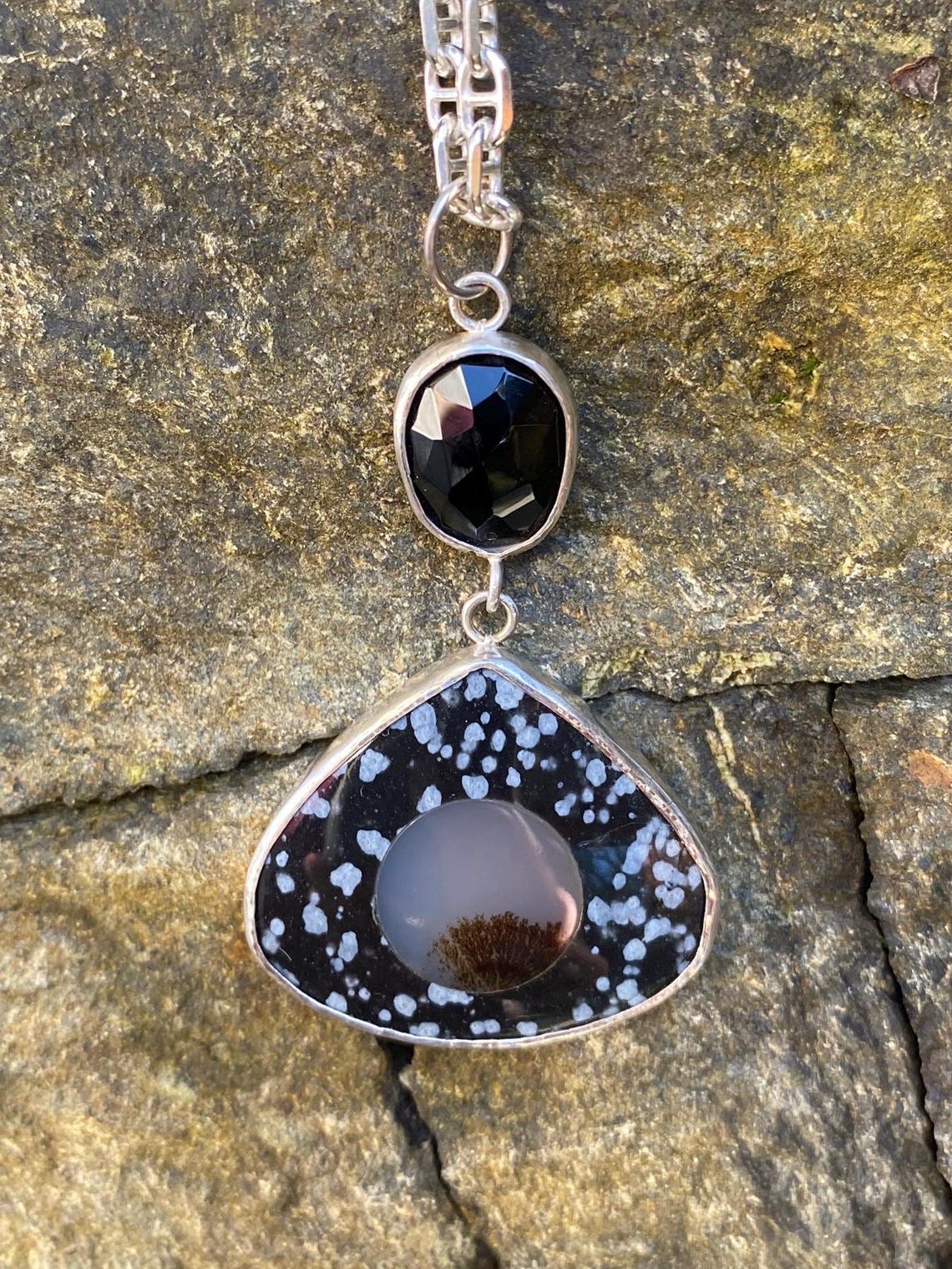 Snow Day: Snowflake Obsidian and Dendritic Agate Pendant Set in ...