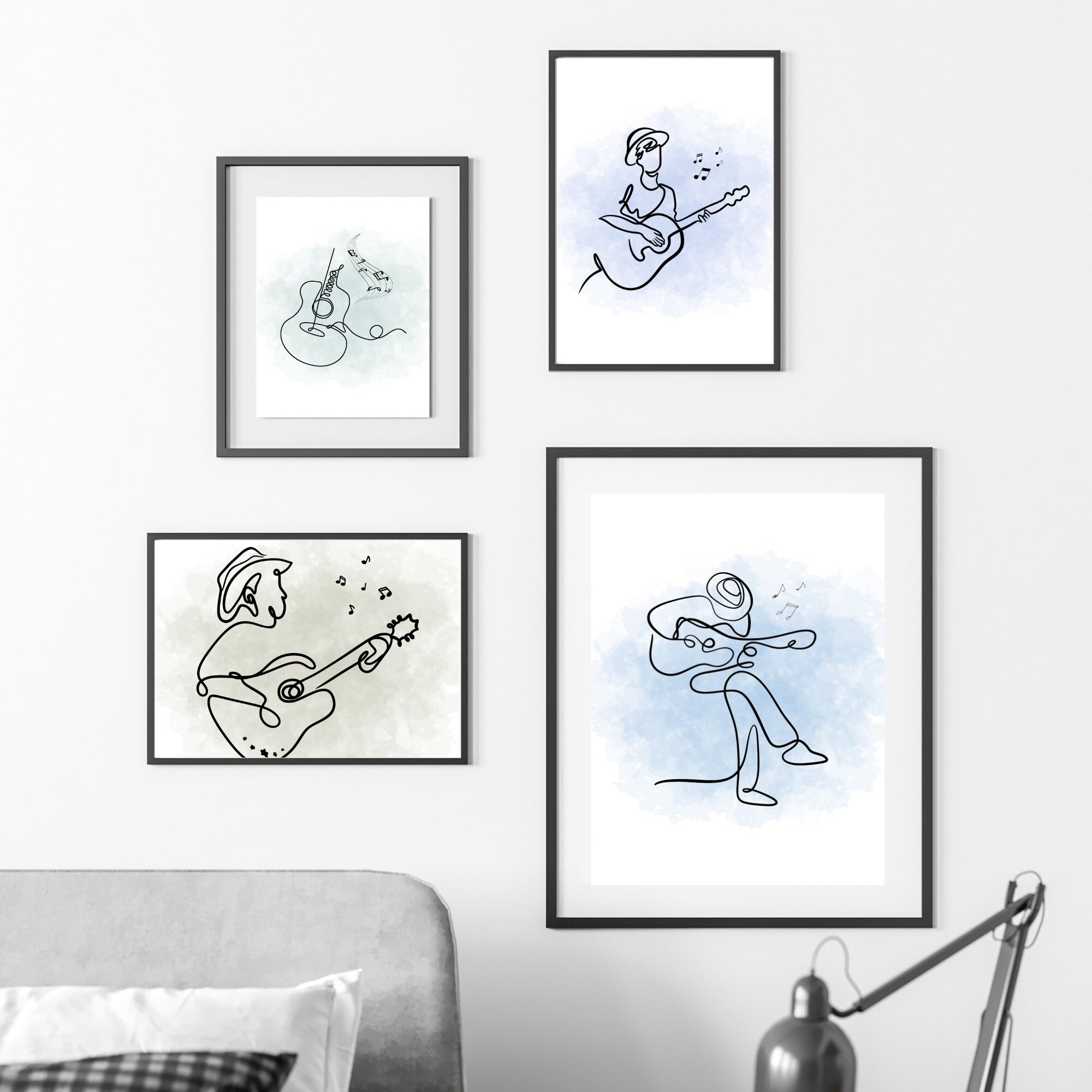Set of 4 Music Wall Art Minimalist Guitar Line Art Stringed Instrument ...