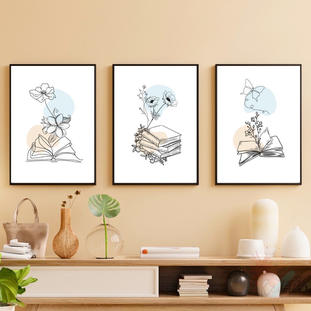 Set of 3 Line Drawing Art Boho Style Art Floral Line Art Book and ...