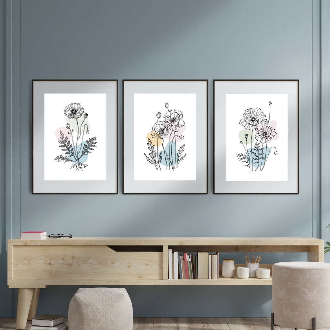 Set of 3 Line Drawing Art Boho Style Art Floral Line Art Flower Wall ...