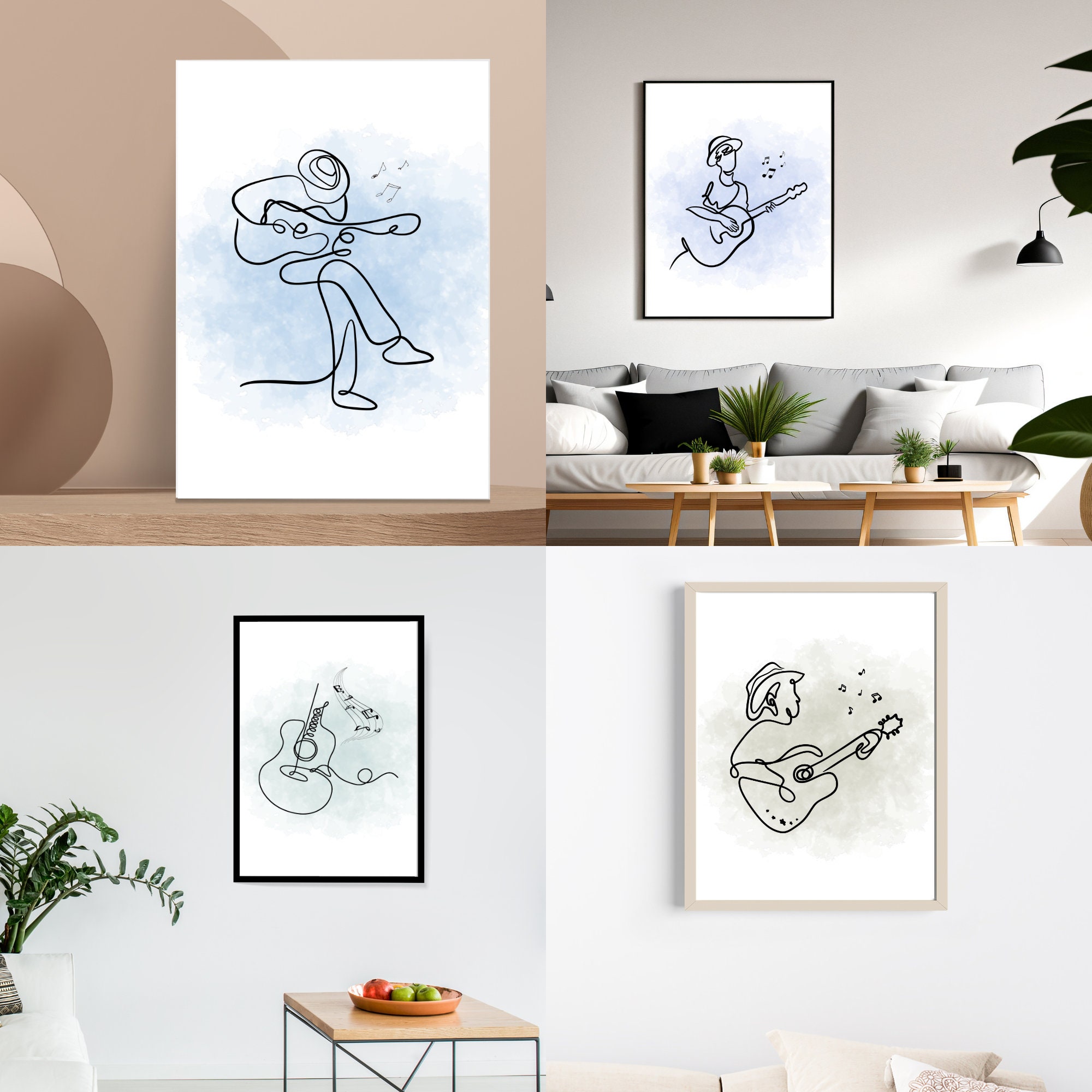 Set of 4 Music Wall Art Minimalist Guitar Line Art Stringed Instrument ...