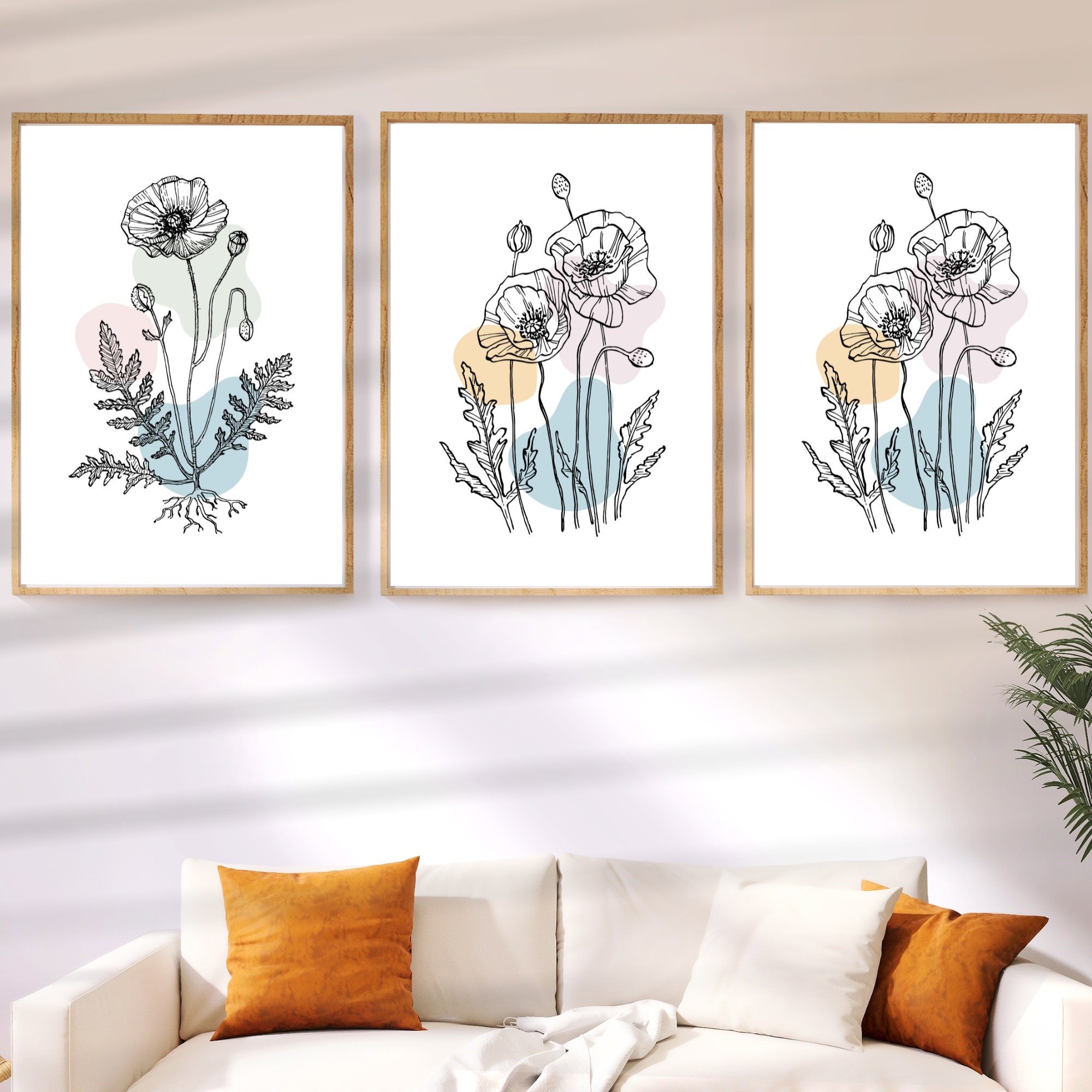 Set of 3 Line Drawing Art Boho Style Art Floral Line Art Flower Wall ...