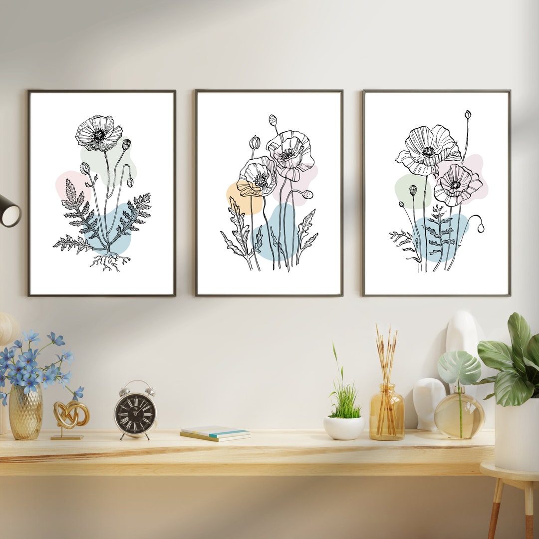 Set of 3 Line Drawing Art Boho Style Art Floral Line Art Flower Wall ...
