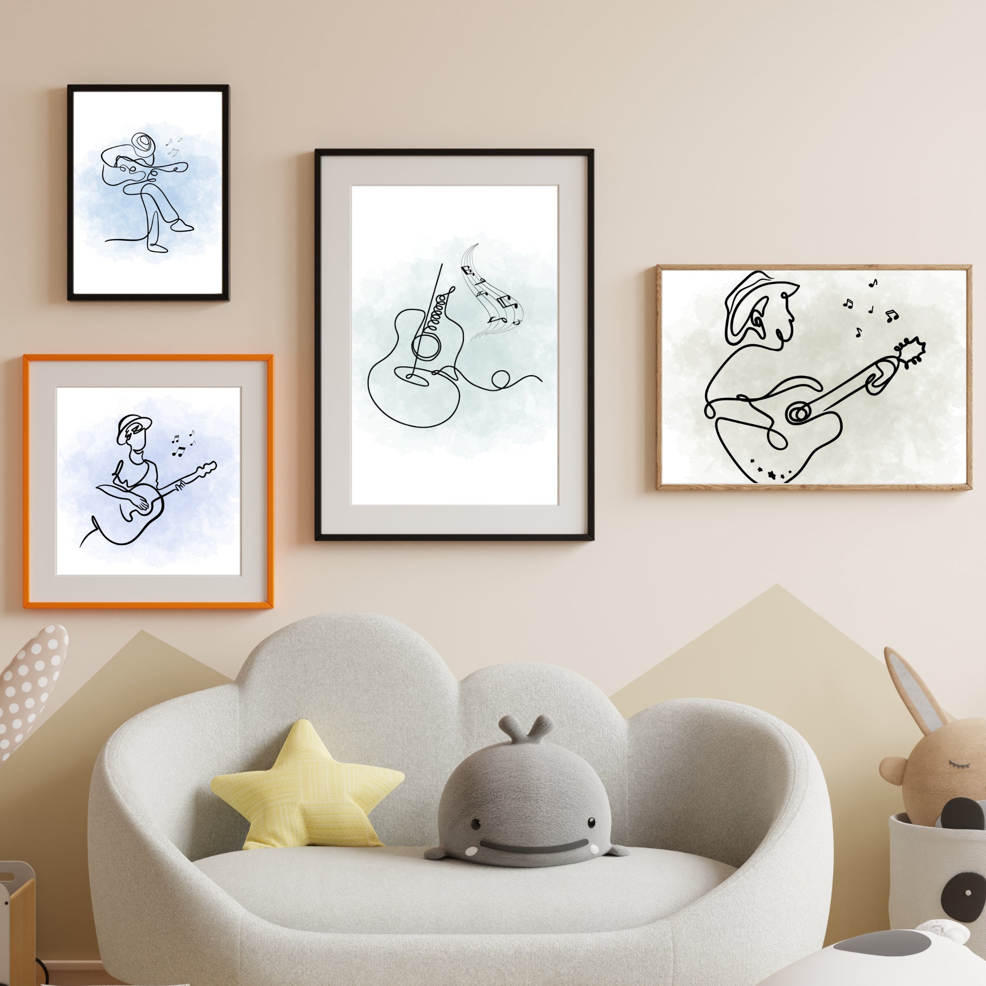Set of 4 Music Wall Art Minimalist Guitar Line Art Stringed Instrument ...