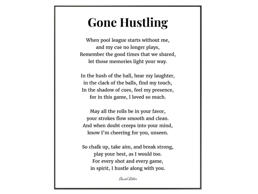 Gone Hustling Poem Digital Download | Memorial Pool Player Gift ...