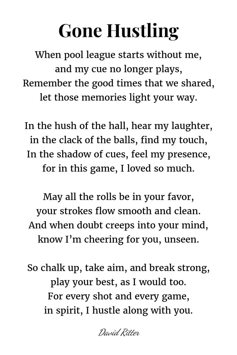 Gone Hustling Poem Digital Download | Memorial Pool Player Gift ...