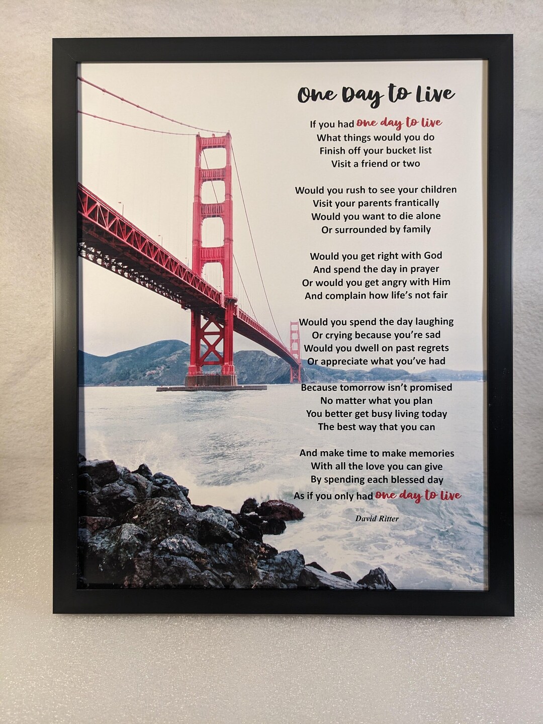 One Day to Live Poetry Print Framed Picture Inspirational Wall Art ...