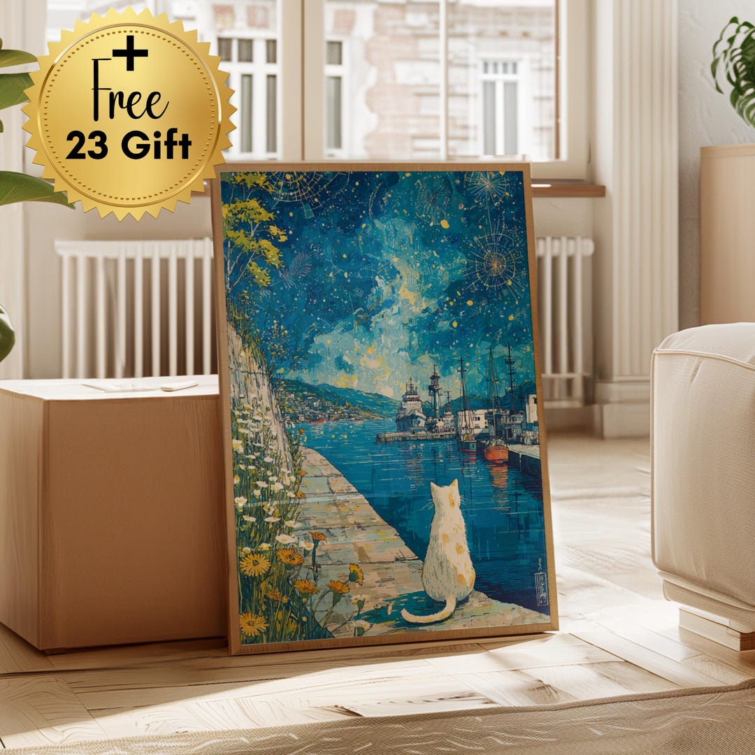 Harbor Night Cat Wall Art, Dreamy Seaside Digital Print, Starry Sky ...
