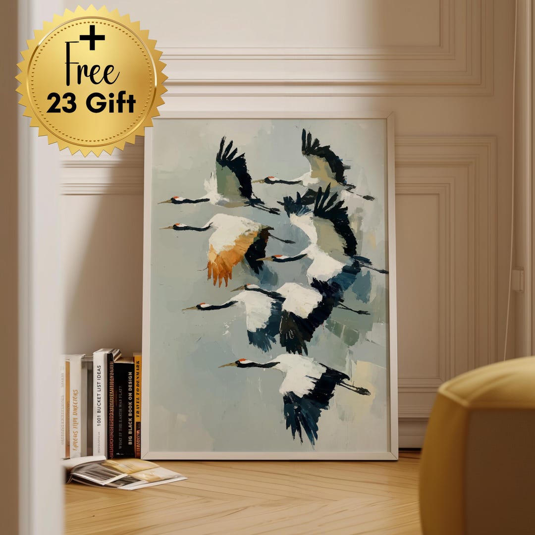 Flying Cranes Digital Wall Art, One Unique Bird Print, Minimalist Crane ...