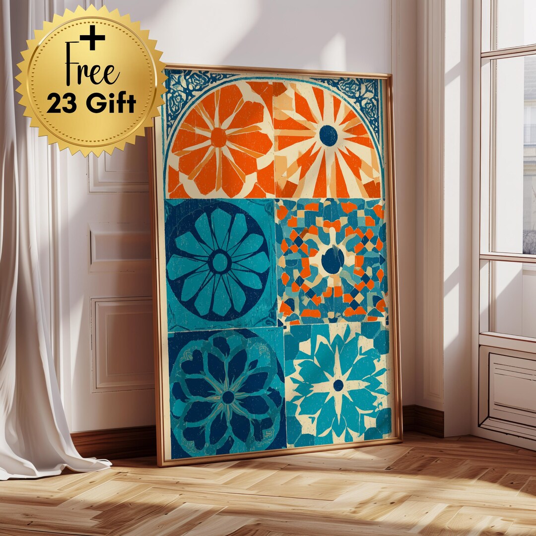Moroccan Zellij Art Print, Islamic Geometric Pattern, Blue Orange Tile ...